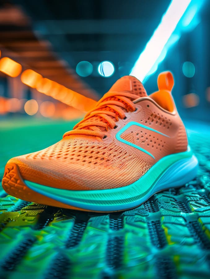 Orange Running Shoe on Green Surface with Neon Lights in Background ...