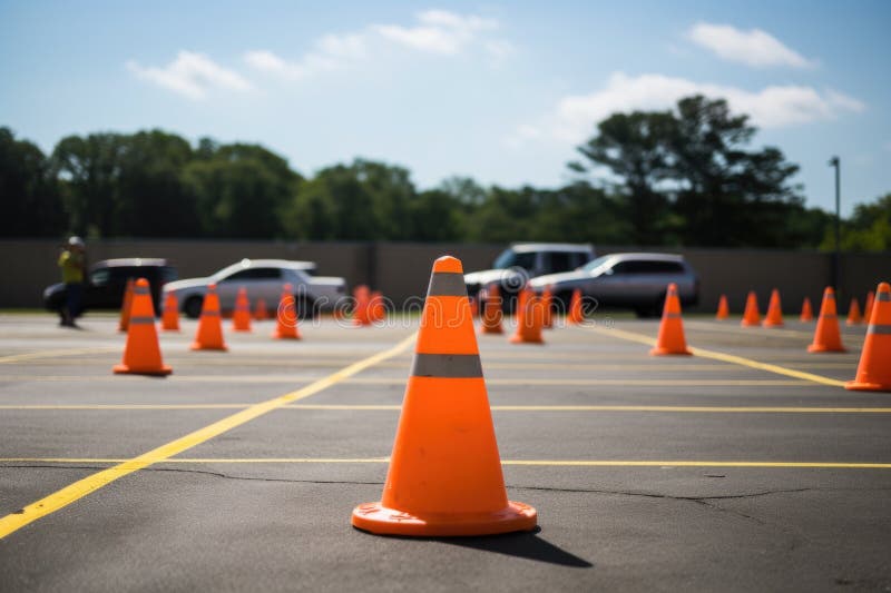 Orange Safety Cones Lining a School Parking Lot Stock Image - Image of ...