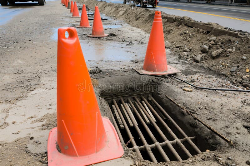 Orange Safety Cones Mark a Storm Drain Under Construction Stock Image ...