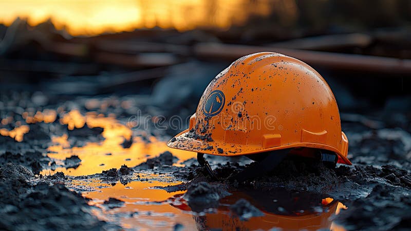 Orange Safety Helmet Placed on a Construction Site Ground, Rugged ...