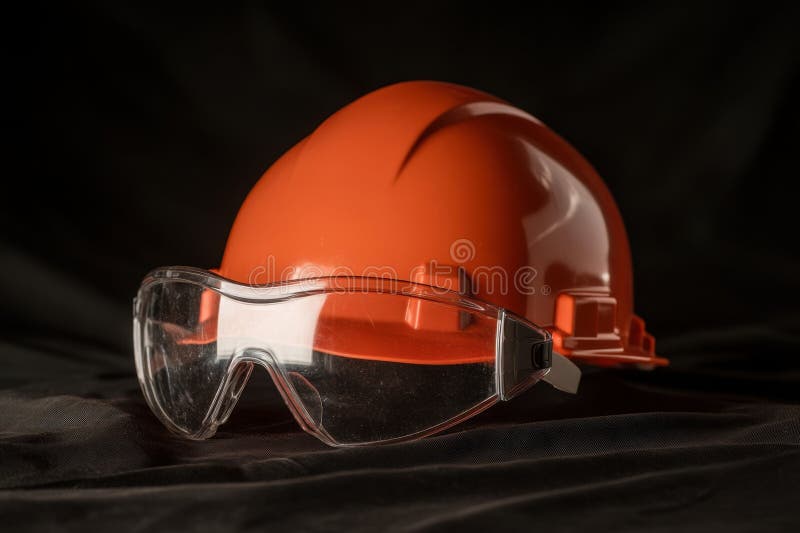 Orange Safety Helmet with Protective Goggles on Black Background Stock ...