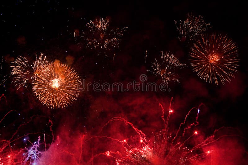 Orange Salute in the Sky, Fireworks in Red Stock Photo - Image of lush ...