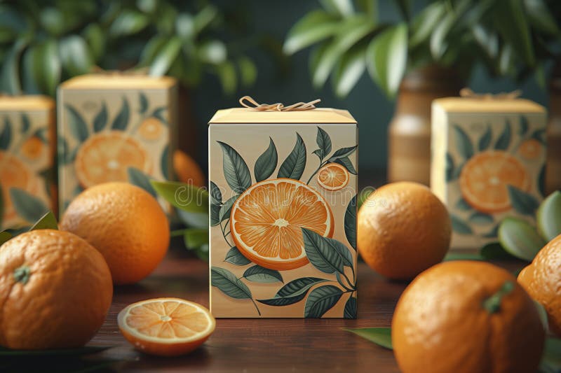 Orange Scented Gift Boxes with Fresh Oranges and Green Leaves Stock ...