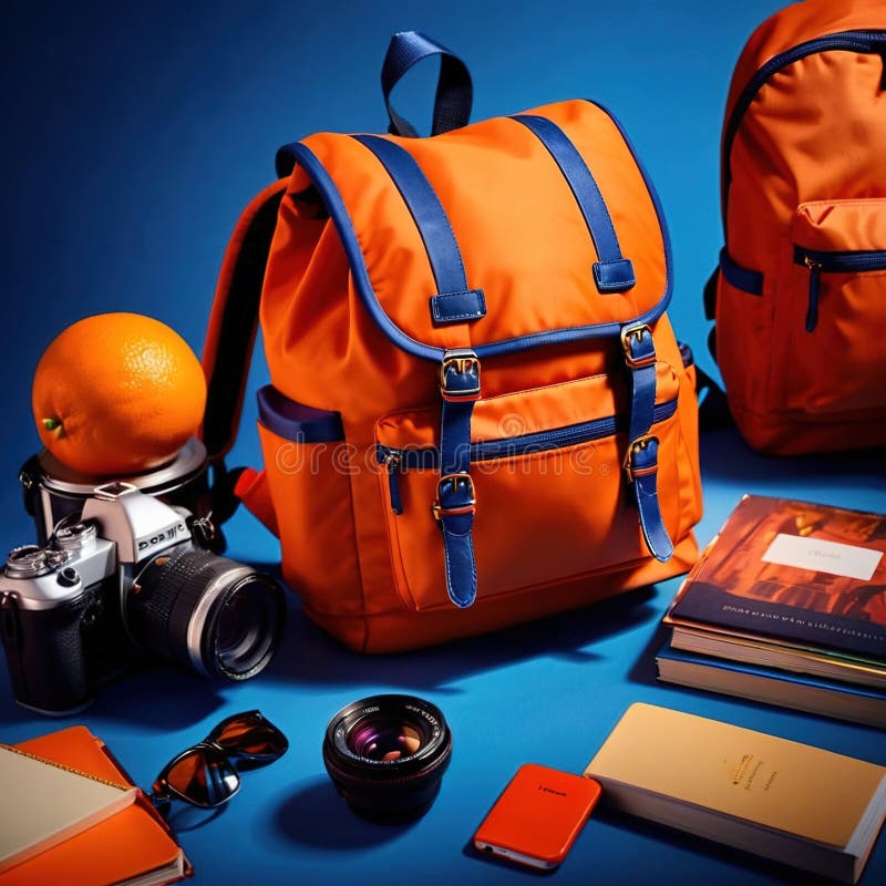 Orange School Backpack on Blue Background, Education Learning Concept ...