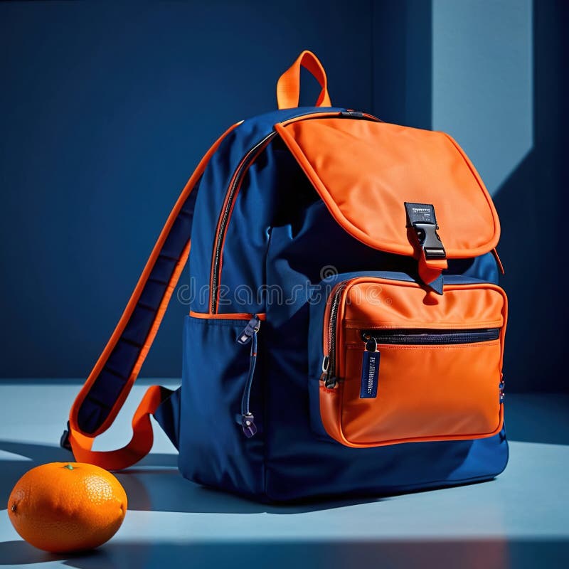 Orange School Backpack on Blue Background, Education Learning Concept ...
