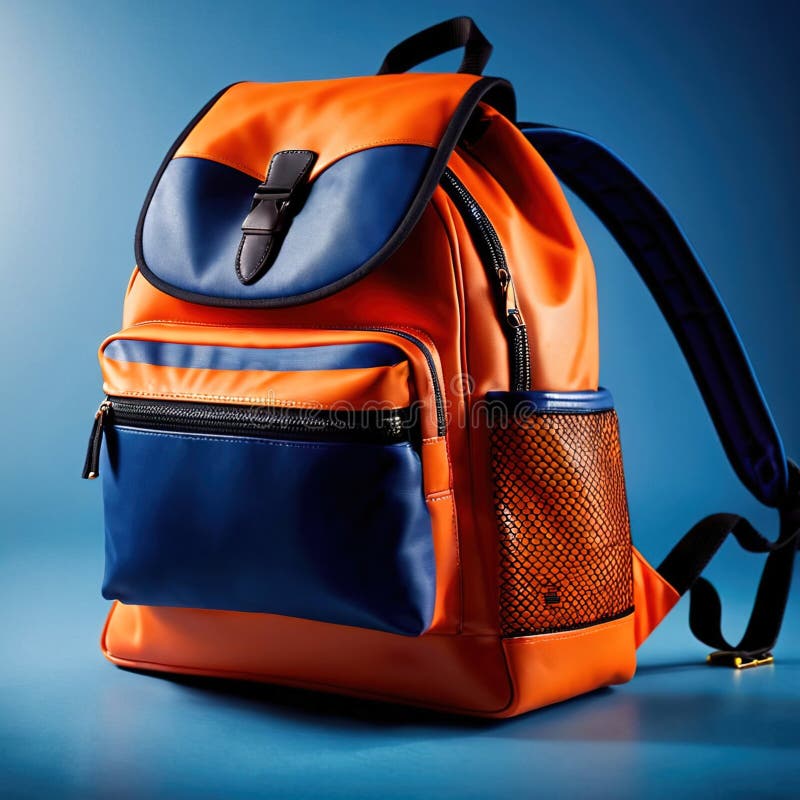 Orange School Backpack on Blue Background, Education Learning Concept ...