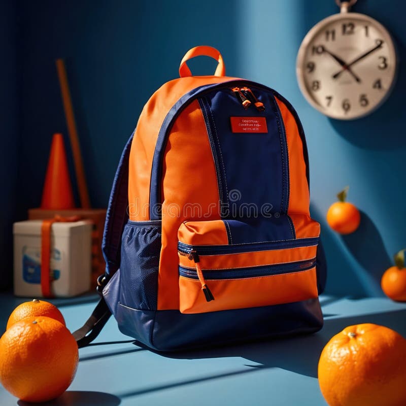 Orange School Backpack on Blue Background, Education Learning Concept ...