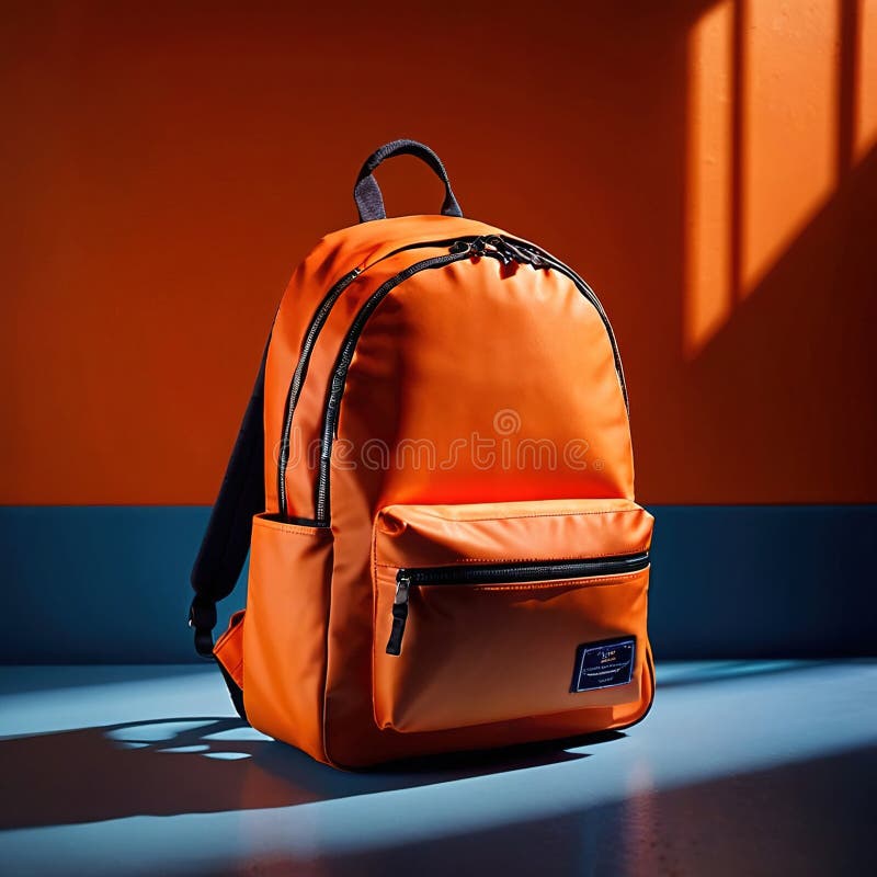 Orange School Backpack on Blue Background, Education Learning Concept ...