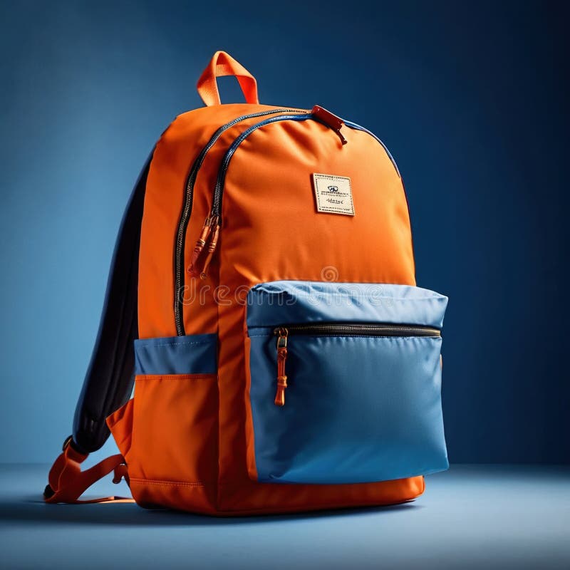 Orange School Backpack on Blue Background, Education Learning Concept ...