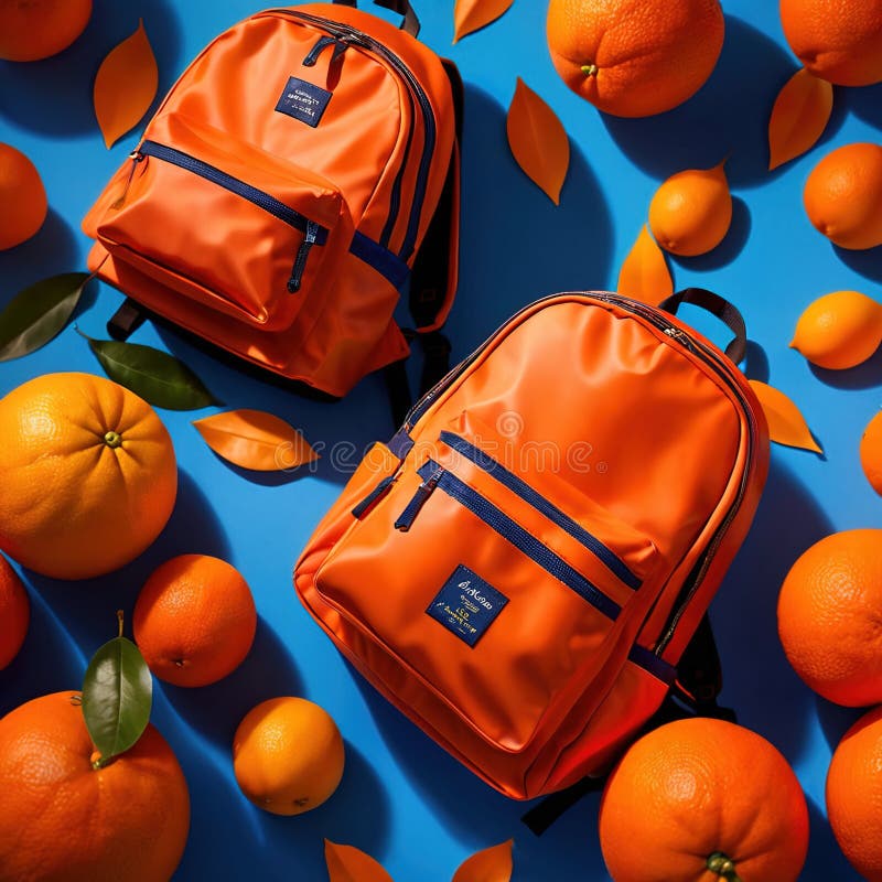 Orange School Backpack on Blue Background, Education Learning Concept ...