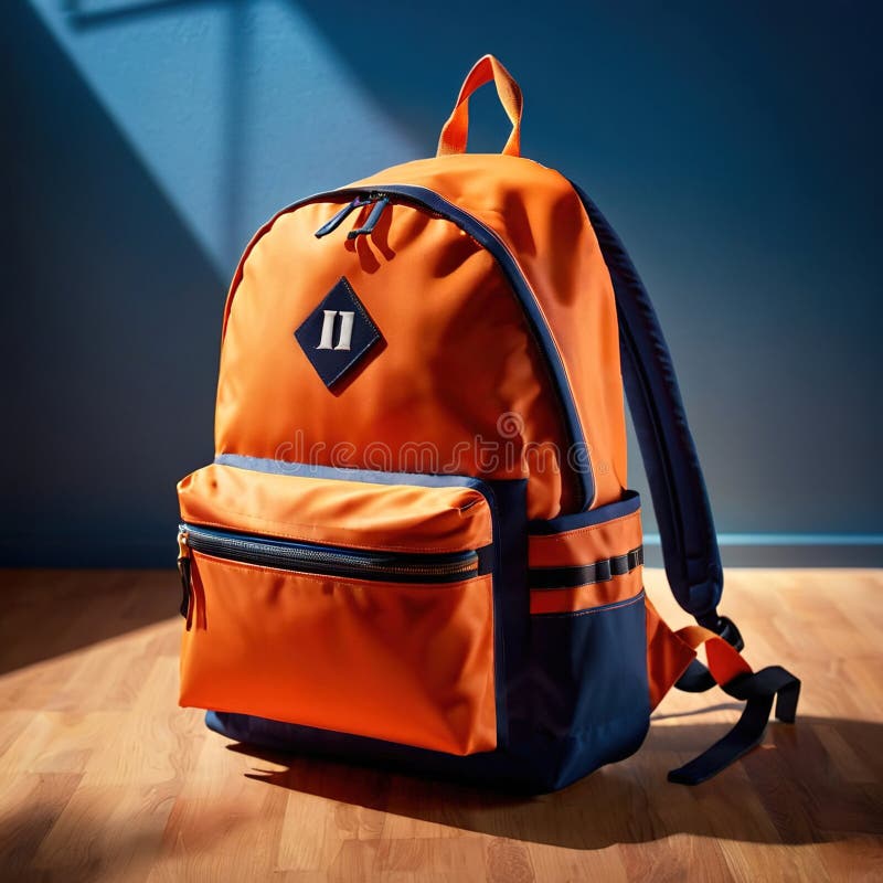 Orange School Backpack on Blue Background, Education Learning Concept ...