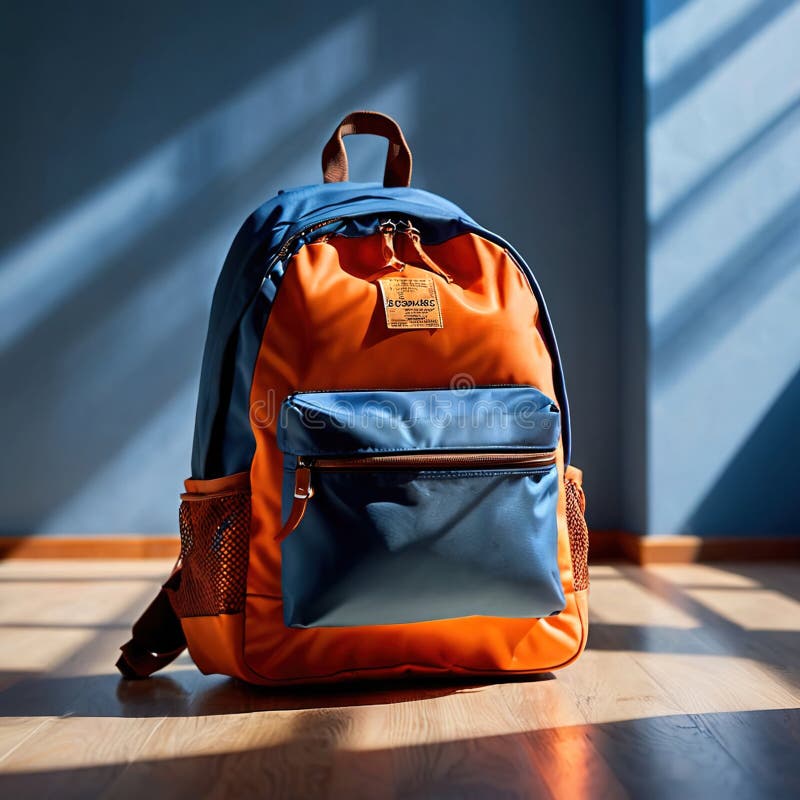 Orange School Backpack on Blue Background, Education Learning Concept ...