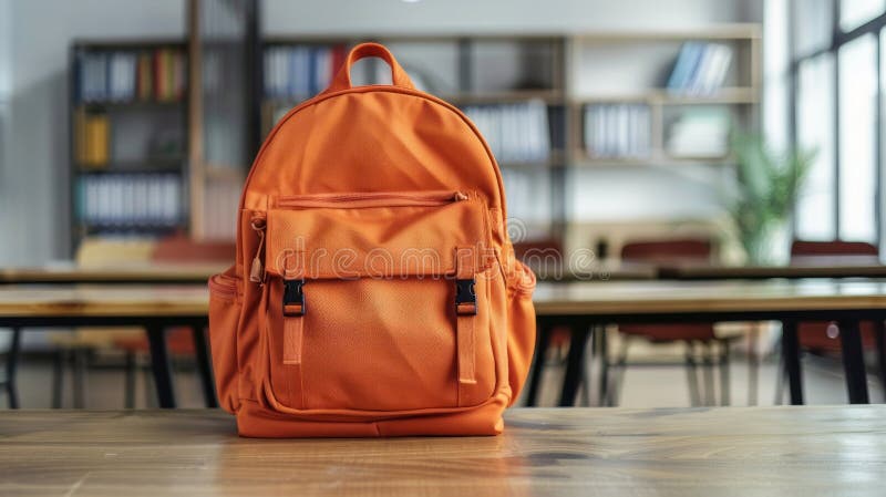 Orange School Backpack on Table Classroom Stock Image - Image of study ...