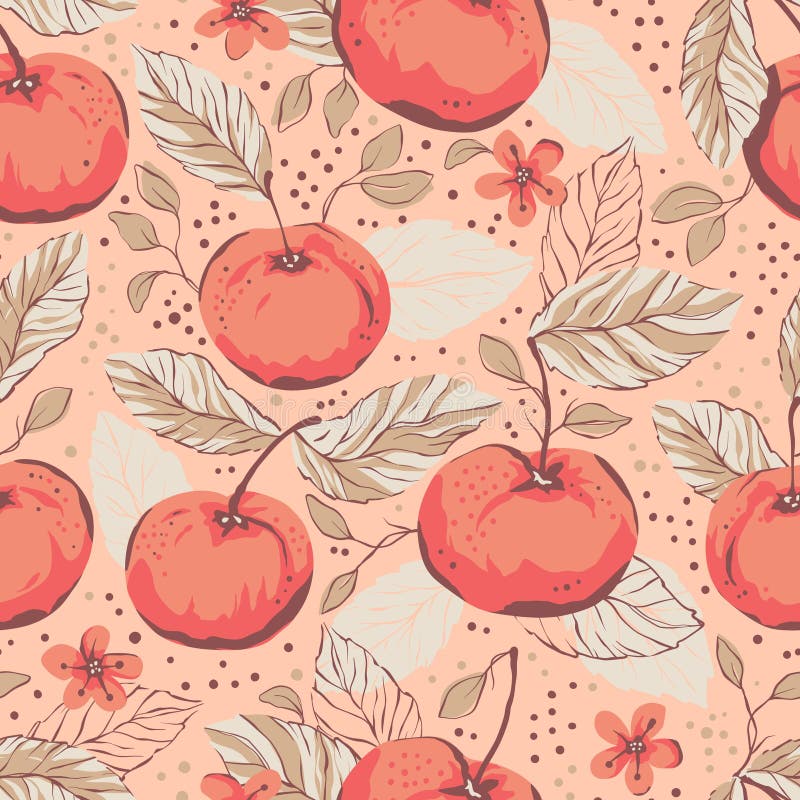 Orange Seamless Vector Pattern with the Image of Fruit Apples Quince ...