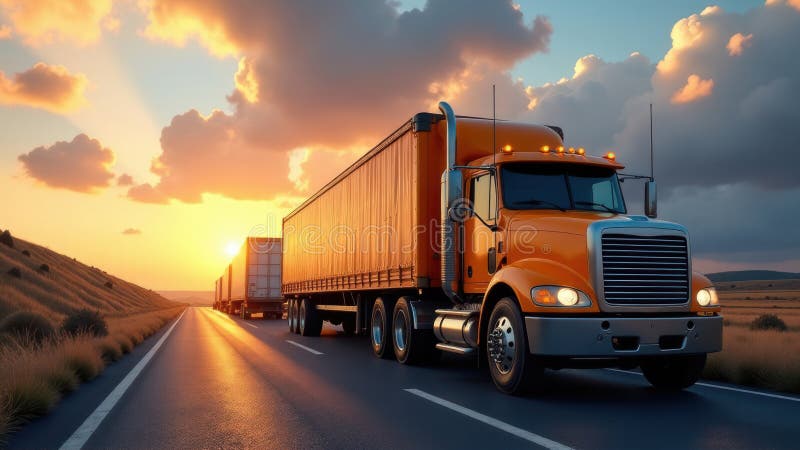 Orange Semi Truck Driving on Highway at Sunset Stock Illustration ...