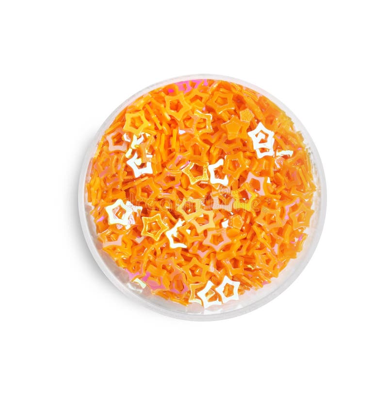 Orange Sequins in Shape of Stars on White Background, Top View Stock ...