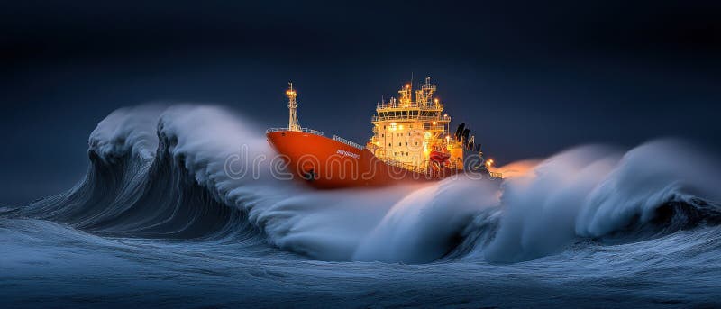 Cargo Ship Battling Gigantic Waves at Night Stock Illustration ...