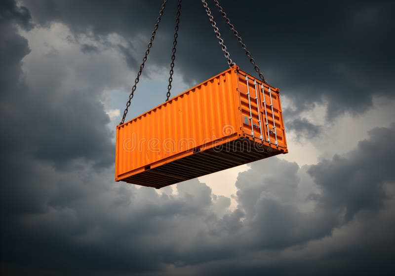 Orange Shipping Container Suspended by Chains Against Dramatic Sky ...