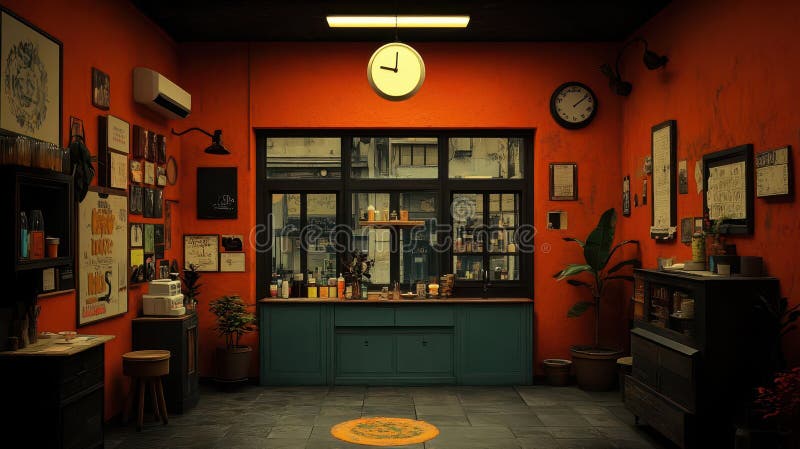 Orange Shop Interior Design Stock Photo - Image of cabinets, dark ...