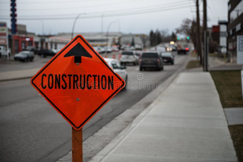 Signage with Construction Text Along the Road Stock Image - Image of ...