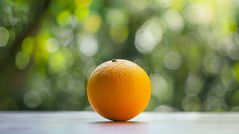 An Orange Sitting on a Table in Front of Some Trees, AI Stock Photo ...