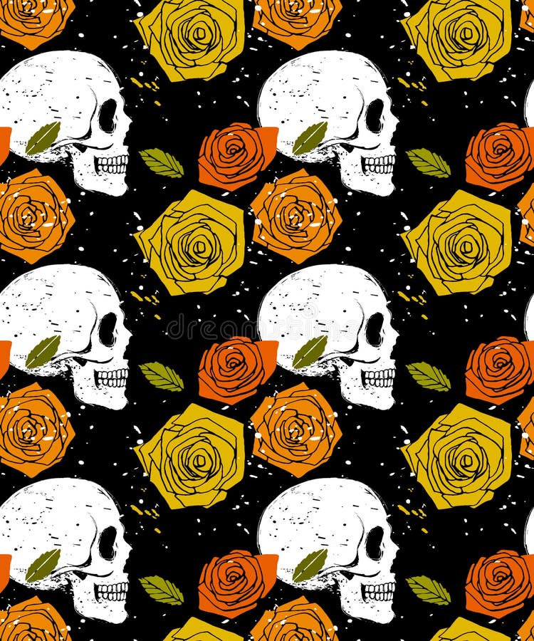 Retro Seamless Pattern Watercolor Skull and Succulent Plants. Stock ...