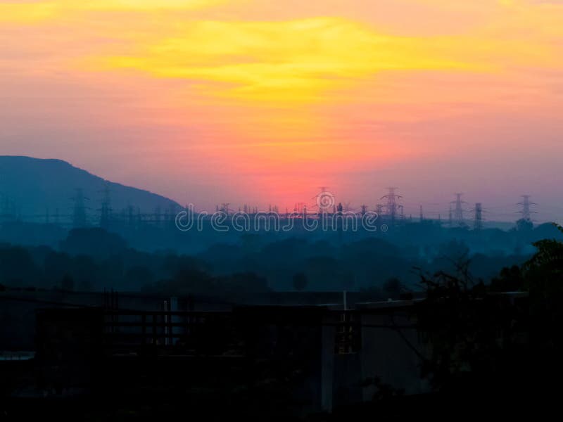 Orange Sky of Fire in India, Beautiful Winter Evening Sky. Stock Photo ...