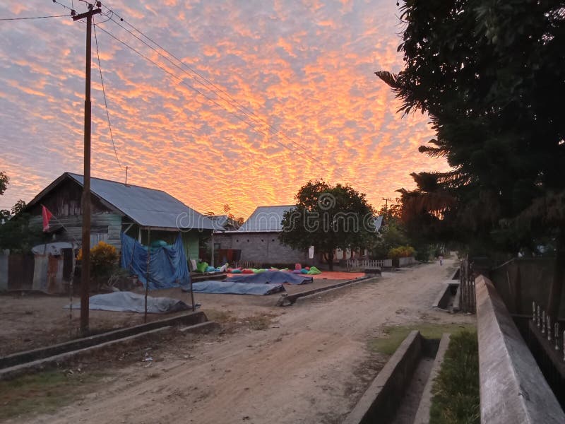 Orange Sky Sun Rice in Village Stock Image - Image of village, orange ...
