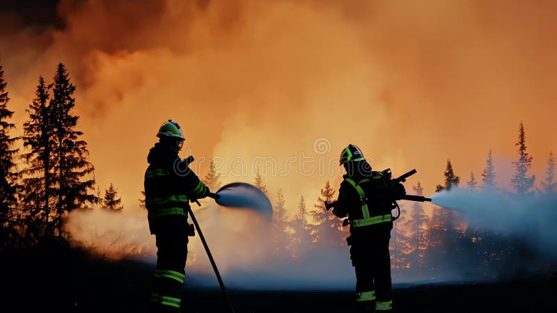 Orange Sky, Surrounded by Flames and Heavy Smoke, Showing Courage and ...