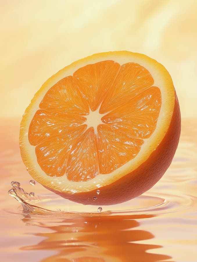 Orange Slice Falling into Water with Splash. Half of Fresh Ripe Orange Fruit in the Clear Water ...