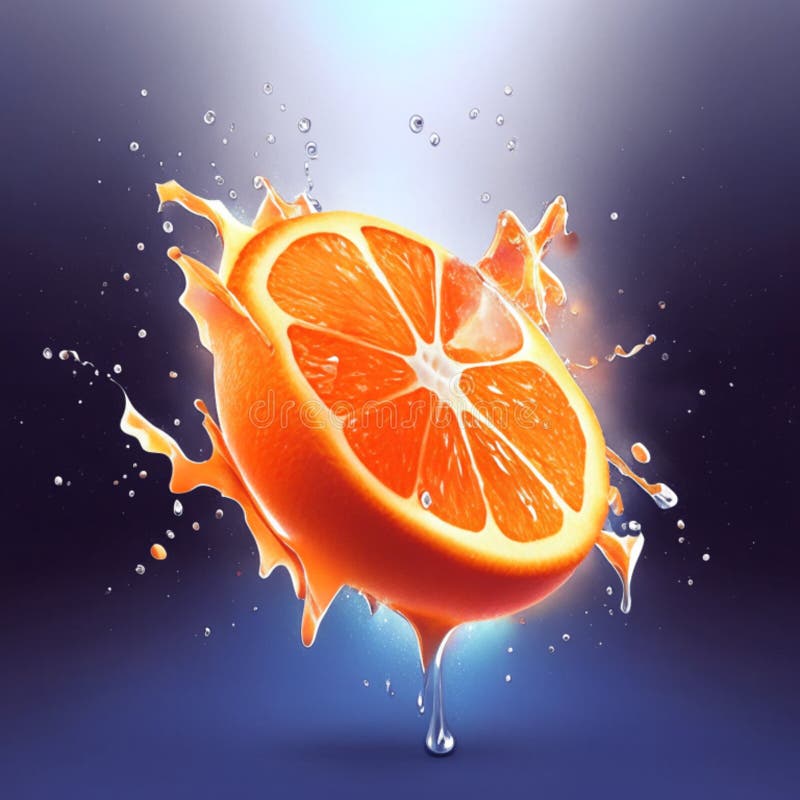Orange Slice in Juice Splash on Blue Background. 3d Vector Illustration ...