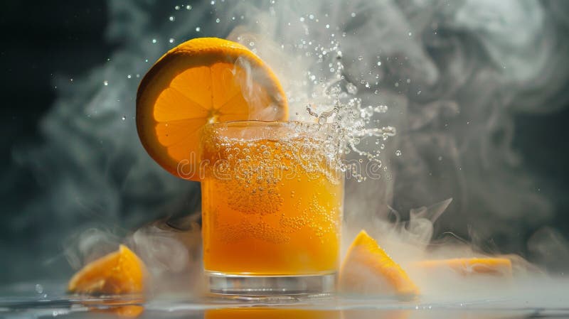 Orange Slice Splashing into a Glass of Juice with Misty Background ...