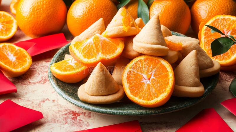 Orange Slices and Fortune Cookies on a Green Plate Stock Illustration ...