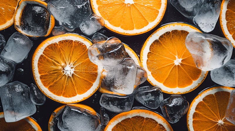 Orange Slices on a Frozen Surface Surrounded by Ice Cubes. Background ...
