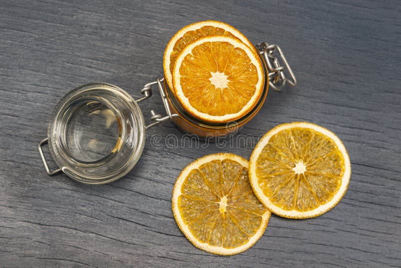 Orange Slices in a Glass Jar and on the Table. Flat Lay Stock Image ...