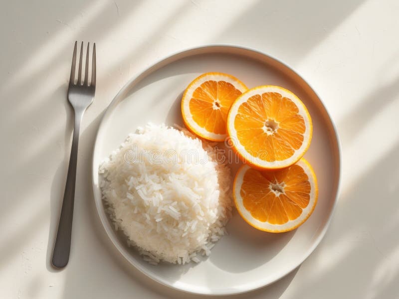 Orange Slices and Rice on Tray with Fork for Balanced Diet. Stock Photo ...