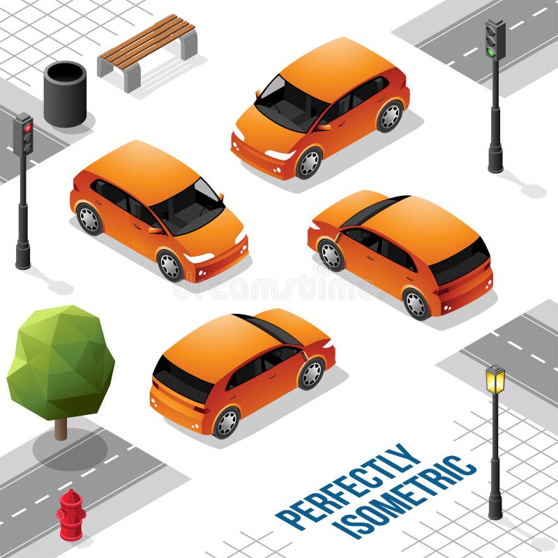 Orange Small Isometric Car from Front Back Right and Left Stock Vector ...