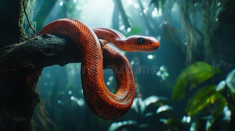 Orange Snake Coiled on a Tree Branch in a Lush, Dark Green Rainforest ...