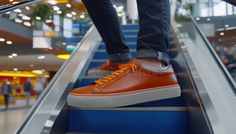 An Orange-sneakered Individual Navigating a Staircase with Concrete ...