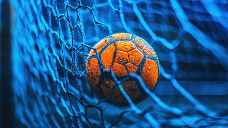 An Orange Soccer Ball in the Net with Blue Lighting Stock Illustration ...