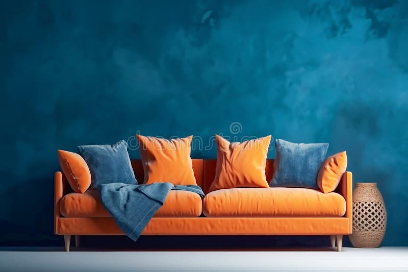 Orange Sofa on a Background of Blue Wall Front View. Stock Image ...