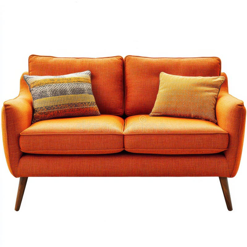 Orange Sofa with Throw Pillows Mid Century Modern Design, Isolated on a ...