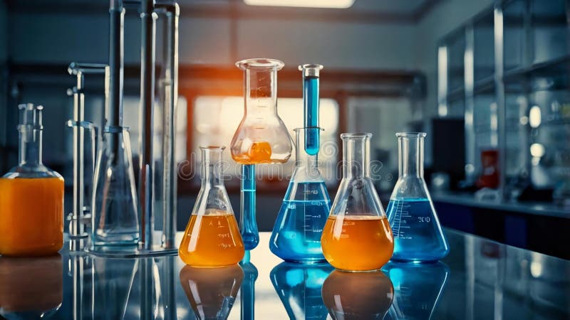 Orange Solution in Science Glass Flask in Blue Chemistry School ...