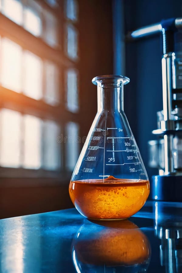 Orange Solution in Science Glass Flask in Blue Chemistry School ...