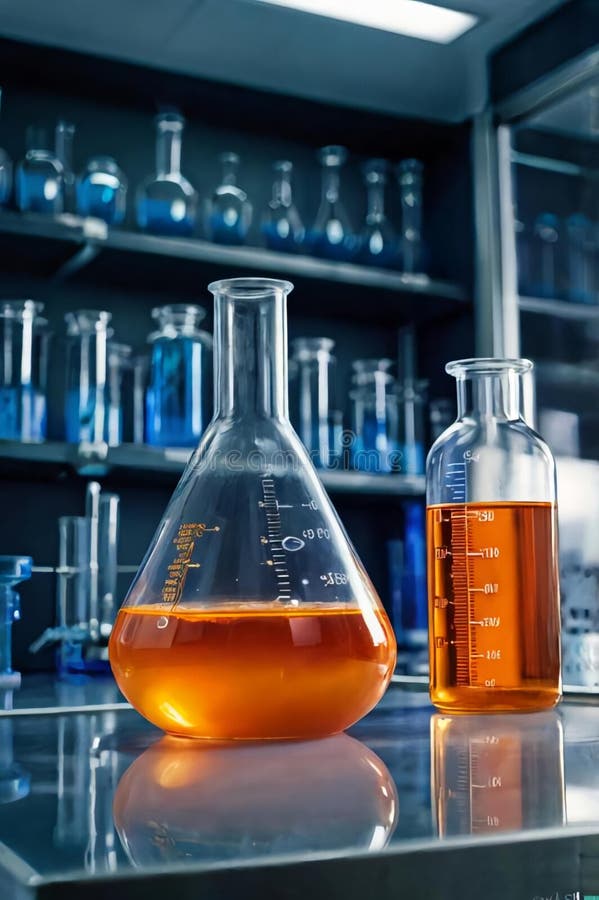 Orange Solution in Science Glass Flask in Blue Chemistry School ...