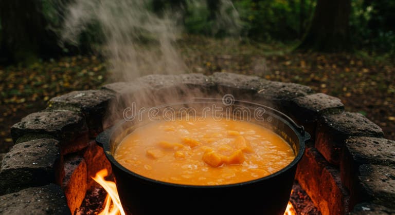 Orange Soup Simmering in Rustic Cauldron Over Campfire Stock ...