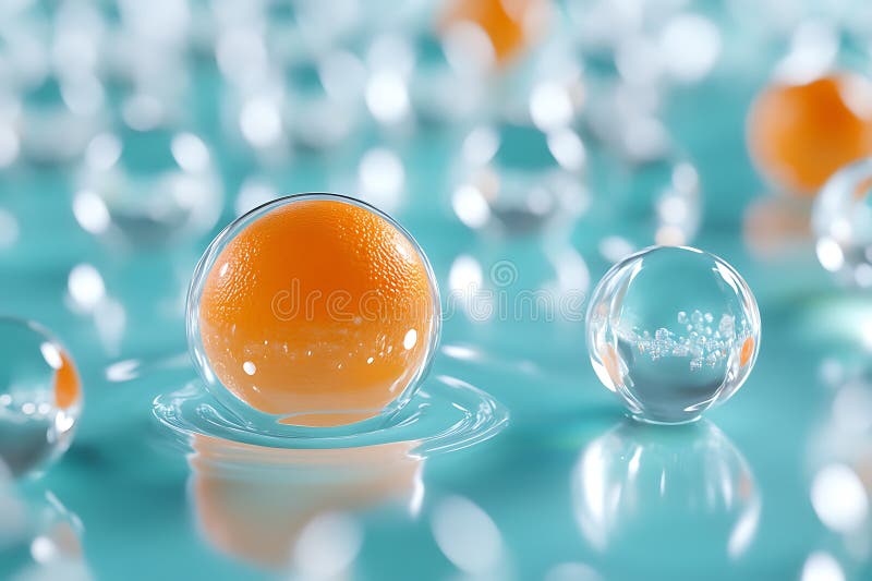 Orange Sphere Inside Clear Gelatinous Bubble on Aqua Surface, Macro ...