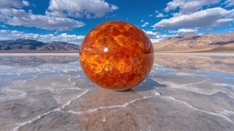 Orange Sphere on a Salt Flat Reflecting the Sky Stock Illustration ...