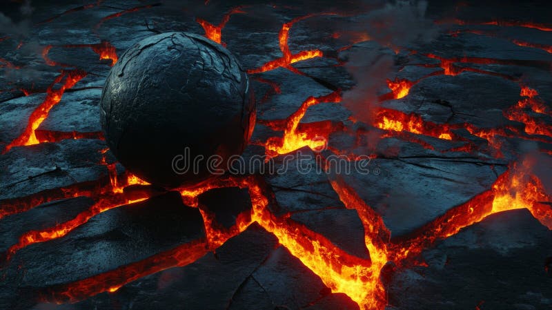 An Orange Sphere is Surrounded by Fractured Rock and Has a Luminous Red ...