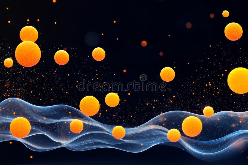 Orange Spheres Floating on a Dark Blue Wave Abstract Image of Glowing ...